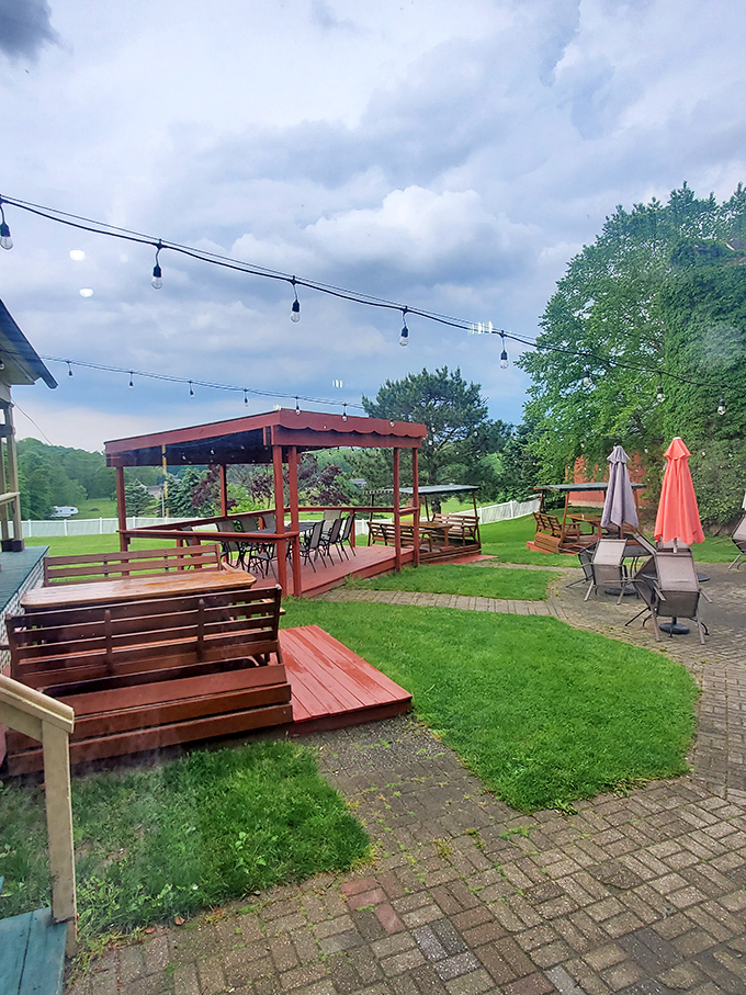 Al fresco dining done right. String lights, fresh air, and comfortable seating&mdash;the perfect setting for summer evening feasts.