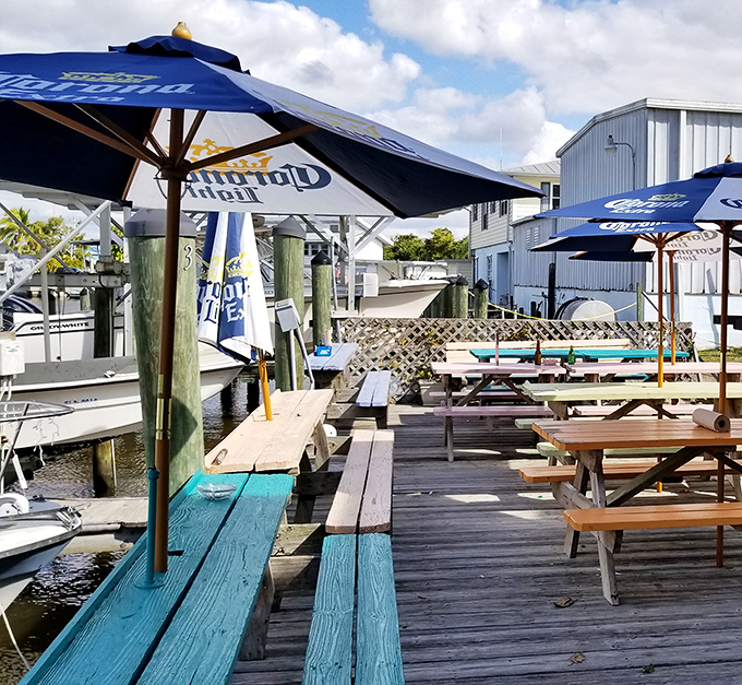 Waterfront dining where fishing boats double as d&eacute;cor. Those blue picnic tables have witnessed countless "best meal of my life" declarations over the years.