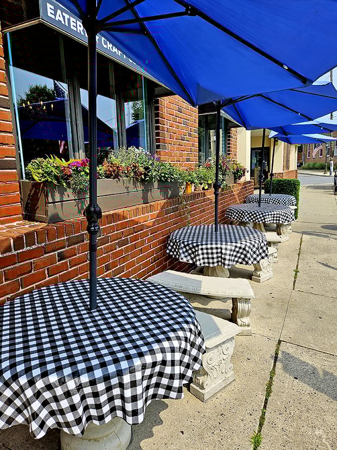 Outdoor seating with classic black and white checkered tablecloths. Like dining in an Italian film, but with Pennsylvania's fresh air.