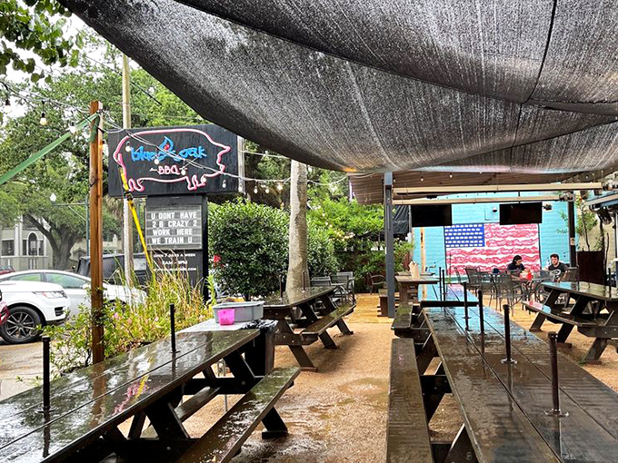 Even rain can't dampen the outdoor experience at Blue Oak, where picnic tables await under protective coverings for year-round enjoyment.