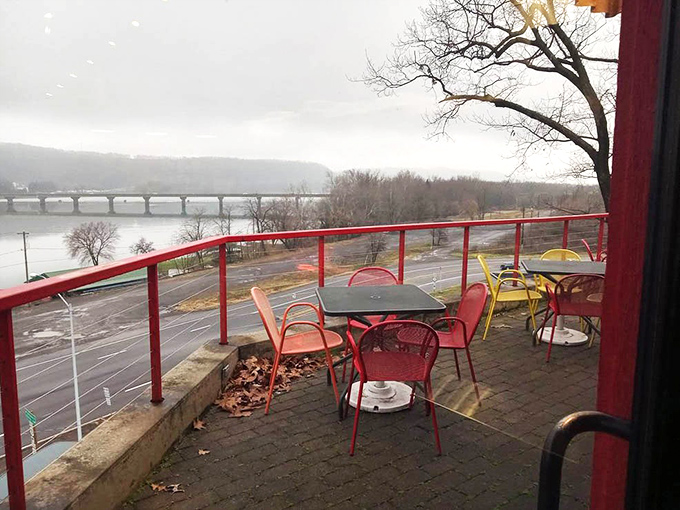 Winter riverside dining has never looked so inviting&mdash;those colorful chairs waiting for warmer days and sauce-stained fingers.