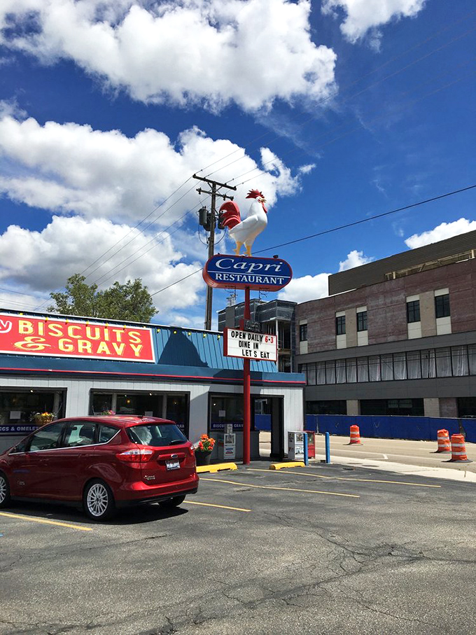 Under Idaho's big blue sky, the Capri's rooster stands proud—a landmark that's guided generations of hungry Boiseans to breakfast bliss.