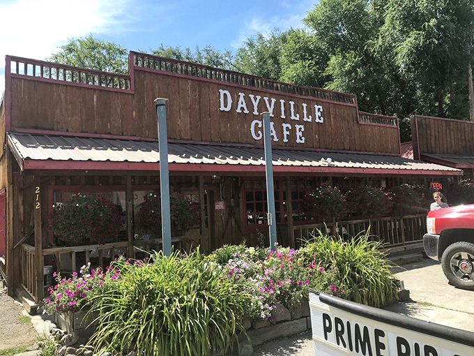 The wooden storefront with "DAYVILLE CAFE" proudly displayed is the Eastern Oregon equivalent of finding an oasis in the desert.