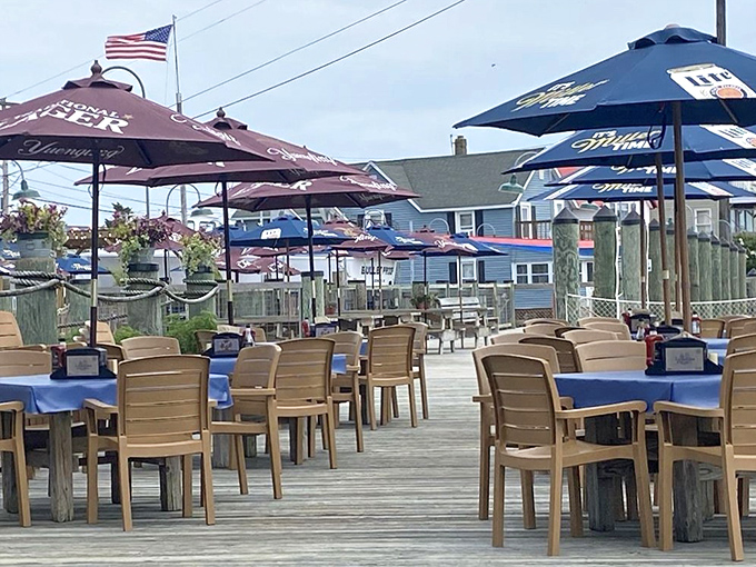 Blue umbrellas, blue water, and blue skies&mdash;the perfect trinity of waterfront dining. JP's outdoor seating area invites you to linger over lunch and life's pleasures.