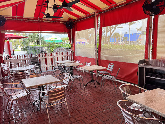 Even the outdoor seating keeps the carnival vibe alive. Red and white stripes aren't just a theme&mdash;they're Jaxson's love language.