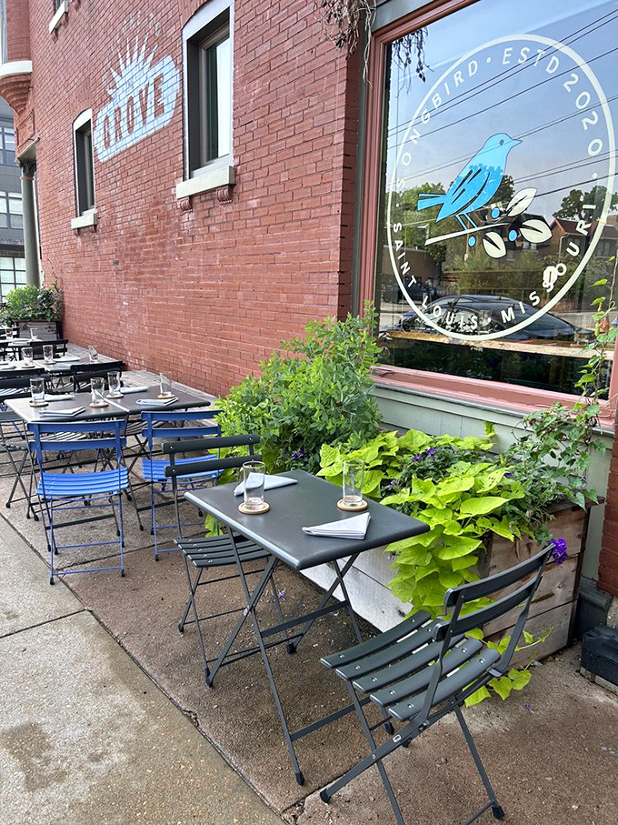 Sidewalk seating surrounded by greenery offers a breath of fresh air with your breakfast. St. Louis weather permitting, of course.