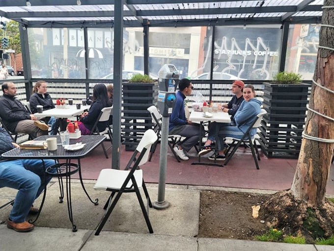 Al fresco dining, San Francisco style. When Karl the Fog takes a break, these outdoor tables become the hottest real estate in the Inner Sunset.
