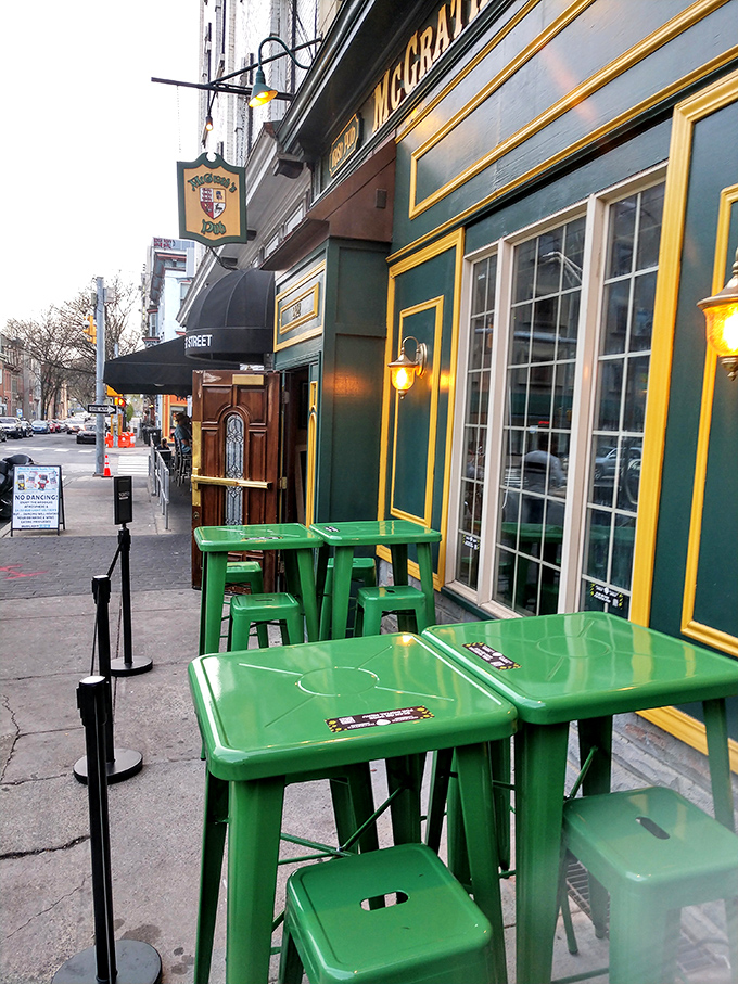 When Pennsylvania weather cooperates, these jaunty green tables offer front-row seats to Harrisburg street life with your pint just an arm's reach away.