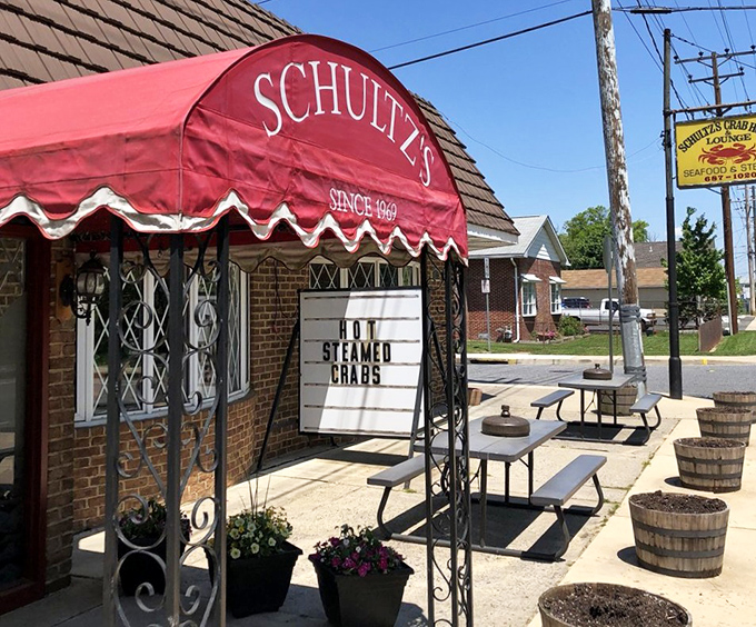 Outdoor seating for those who can't wait to dig in&mdash;picnic tables under the Maryland sun where the only acceptable accessory is a roll of paper towels.