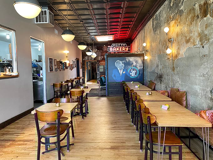 Wooden tables await hungry patrons beneath exposed brick and vintage charm. This isn't just a meal&mdash;it's a Montana moment.