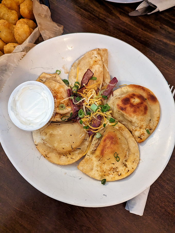 Pierogies done Pittsburgh-proud: pan-fried to golden perfection, topped with caramelized onions, and served with a side of nostalgia.