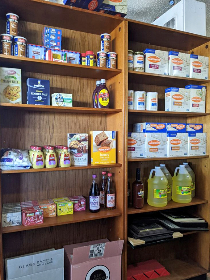The pantry shelves tell their own story&mdash;traditional ingredients stacked with pride, the building blocks of authentic deli magic waiting to happen.