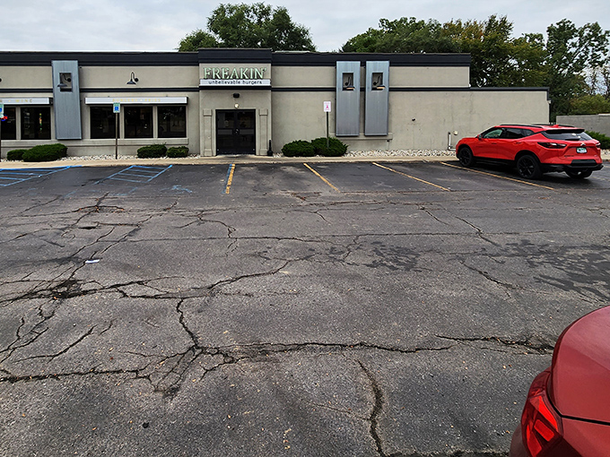Even the parking lot speaks to Midwestern practicality—no frills, just direct access to the burger paradise waiting inside those doors.