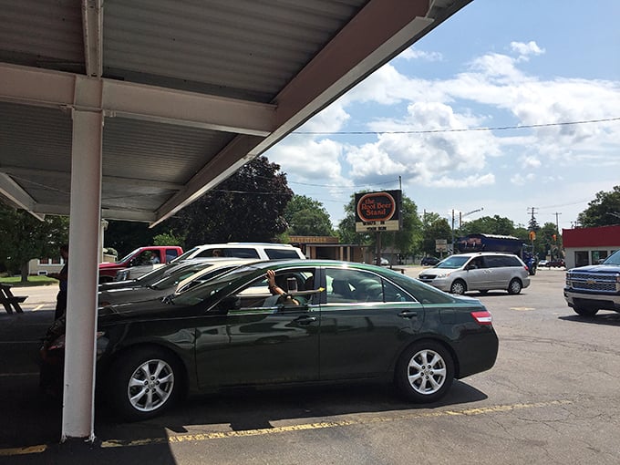 The drive-up experience: where your car becomes the best dining room in town, with root beer service that comes right to your window.