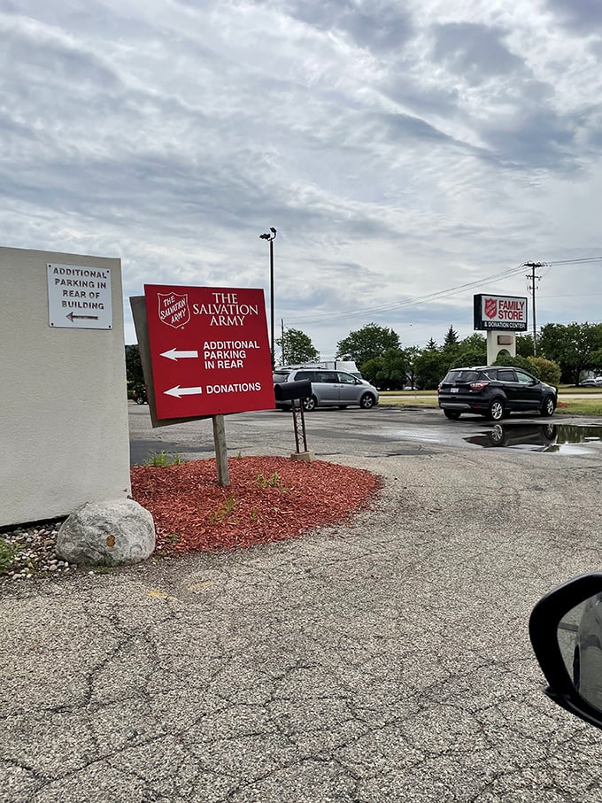 Clear signage guides donation drop-offs and shoppers alike. The Salvation Army's efficient system ensures your cast-offs quickly become someone else's treasures.