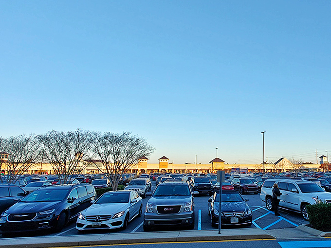 The packed parking lot at golden hour&mdash;visual evidence that tax-free shopping is Delaware's unofficial state sport.