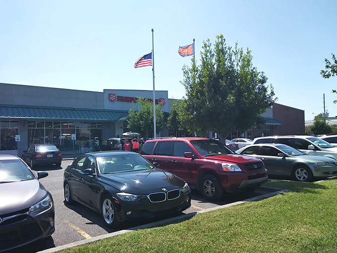 Luxury meets thrift in this parking lot scene. Even BMW drivers know the thrill of the bargain hunt at this New Orleans institution.