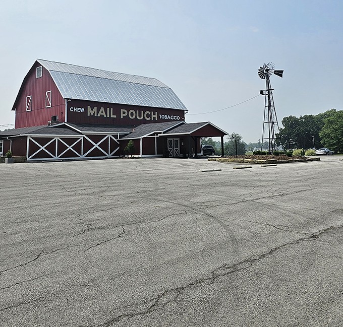 By day, the Mail Pouch Tobacco advertisement and classic windmill reveal the restaurant's authentic farm roots &ndash; this place isn't playing dress-up.