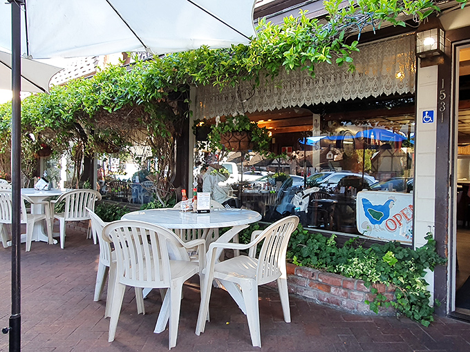 Vine-covered patio seating lets you enjoy your pancakes al fresco under California sunshine &ndash; Europe never looked this sunny.