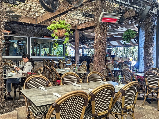 Bistro chairs that have seen a thousand first dates and anniversary celebrations, under a canopy that's witnessed more proposals than a corporate boardroom.