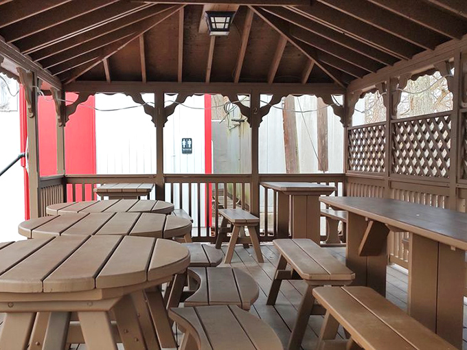The covered patio&mdash;where strangers become friends over shared hot dog enthusiasm and the universal language of "mmm" and "you've got to try this."