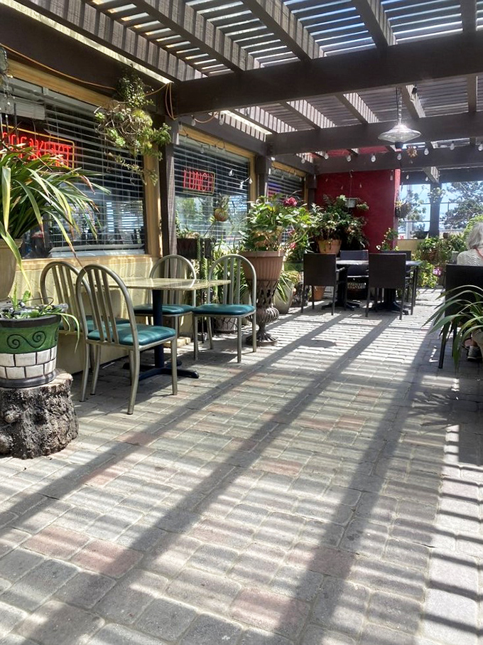 The patio area offers plants, shade, and fresh air—ideal for contemplating your newfound artichoke devotion outdoors.