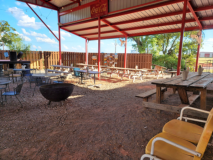 The outdoor seating area offers a chance to enjoy your meat feast under Oklahoma skies, with picnic tables that have witnessed countless barbecue epiphanies.