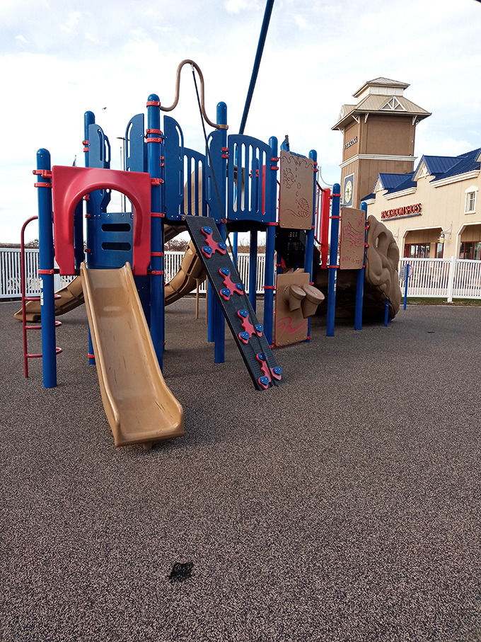 Kid-tested, parent-approved playground where little ones burn energy while adults contemplate one more trip to the shoe department. Strategic genius!