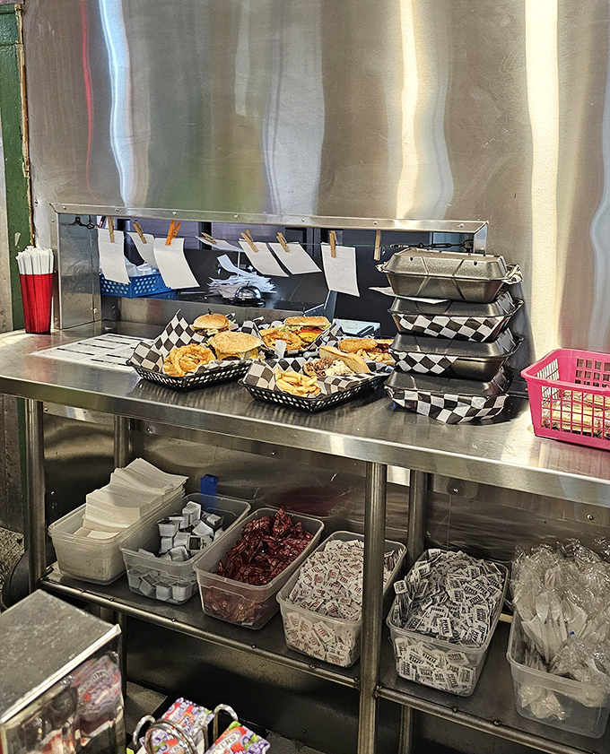 Orders lined up and ready to roll, each basket a promise of satisfaction waiting to be delivered to hungry souls.