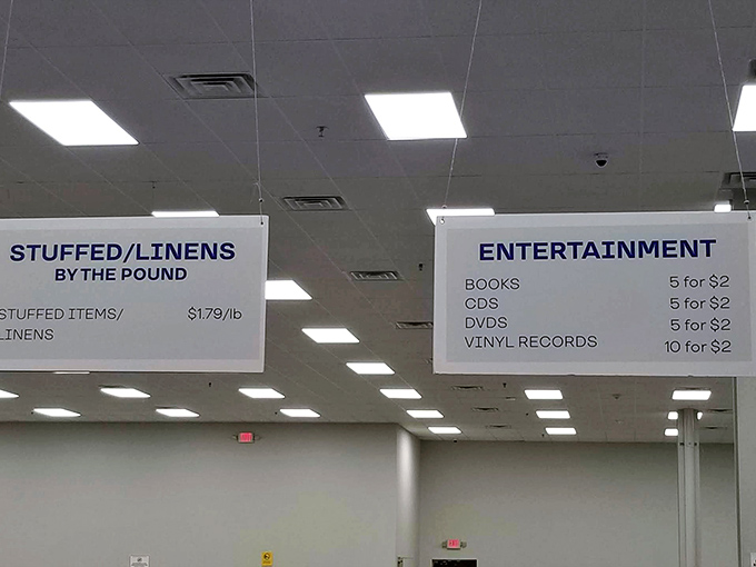 The pricing board reveals the outlet's secret weapon: entertainment at five for $2 and linens by the pound. These aren't typos&mdash;they're treasures!