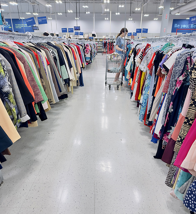 The clothing aisles stretch to infinity. Navigate these canyons of cotton and polyester to discover fashion treasures hiding in plain sight.