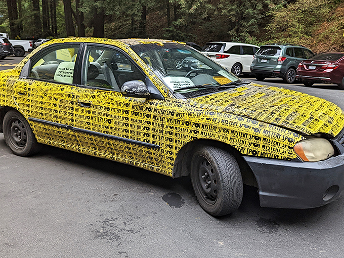 The ultimate fan mobile! Covered entirely in Mystery Spot bumper stickers, this car is either the best advertisement or the work of someone who really, really loves gravitational anomalies.