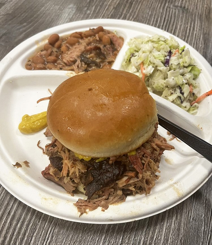 That pulled pork sandwich means business, piled high enough to require structural engineering and both hands.