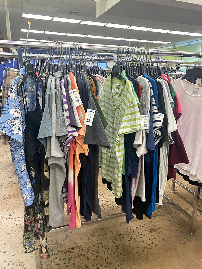 Color-coded clothing creates a visual feast for bargain hunters. The thrill of the hunt is matched only by the joy of discovery.