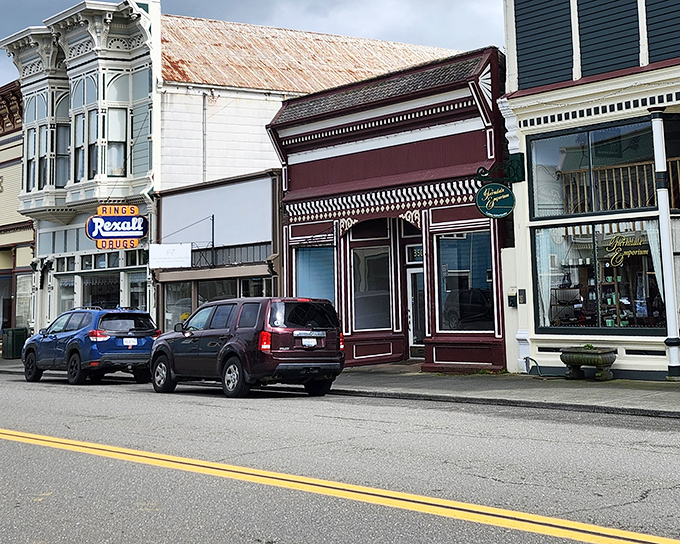 The vintage Rexall Drugs sign remains, though the pharmacy inside has likely evolved—some things change while others steadfastly refuse.