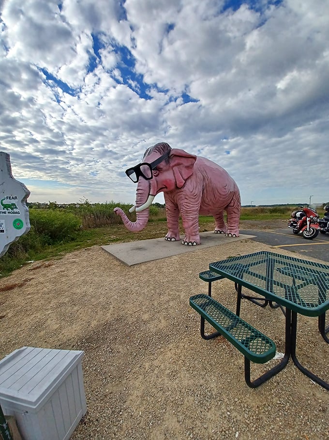 Against Wisconsin's big sky, even a massive pink elephant seems right at home—just another day in America's quirky heartland.