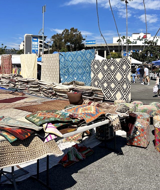 A textile treasure trove where floor coverings become wall art. These geometric patterns have journeyed far to potentially tie your living room together.