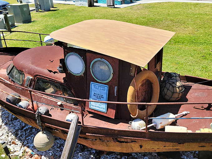 This weathered boat didn't retire&mdash;it was promoted to landmark status. Now it greets guests with rusty dignity.