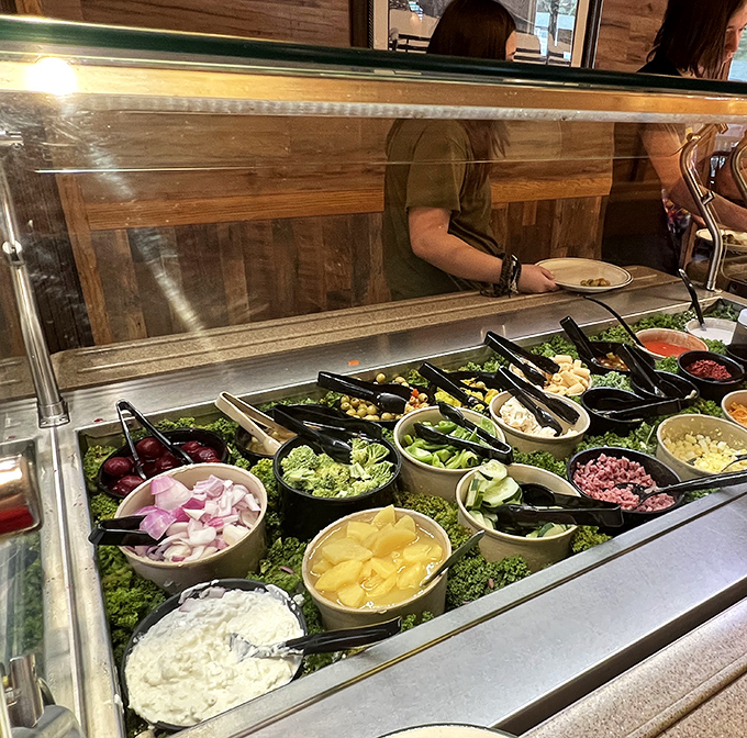 A salad bar that respects tradition—crisp vegetables and homemade dressings that remind you vegetables can be more than just an obligation.