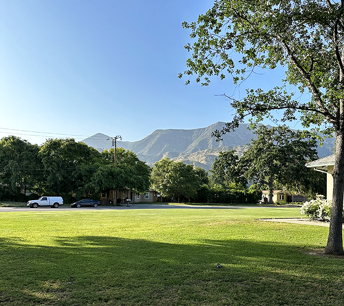 Sarzotti Park's expansive green space frames Ojai's mountains like a living postcard – nature's masterpiece with room to spread out a picnic blanket.