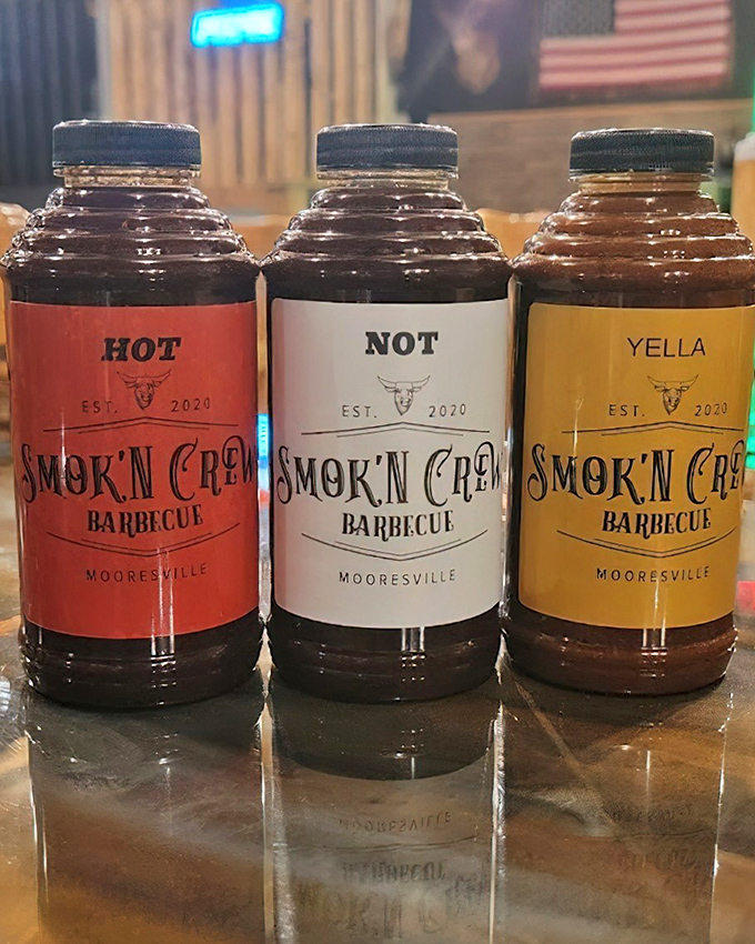 The holy trinity of barbecue sauces: Hot for the brave, Not for the purists, and Yella for those who walk the middle path. Choose your adventure.