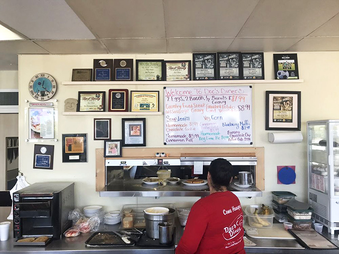 Awards and accolades line the wall behind the service window&mdash;silent testimonials to years of breakfast perfection.