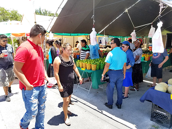 Market socializing at its finest. Shoppers and vendors engage in the ancient art of commerce under the shade of a simple canopy.