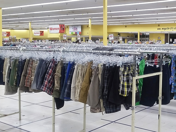 Men's shorts and casual wear stand at attention, a regiment of relaxed fashion ready for weekend duty in North Carolina's warmer months.