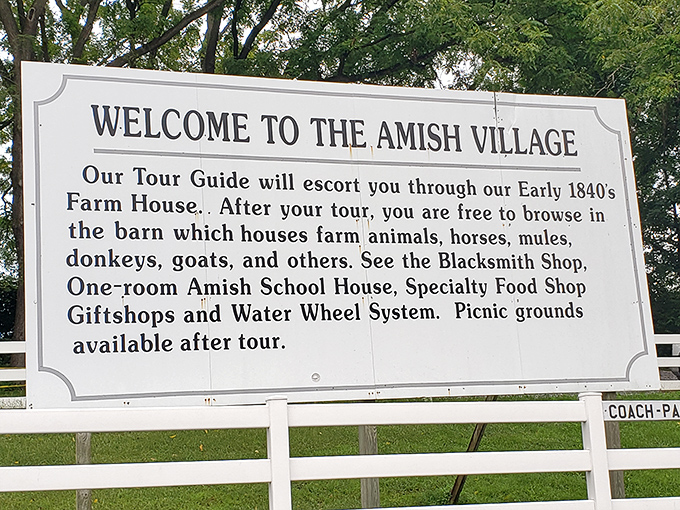This informative sign outlines the complete Amish Village experience&mdash;from farmhouse to animals to blacksmith shop&mdash;no smartphone app required.