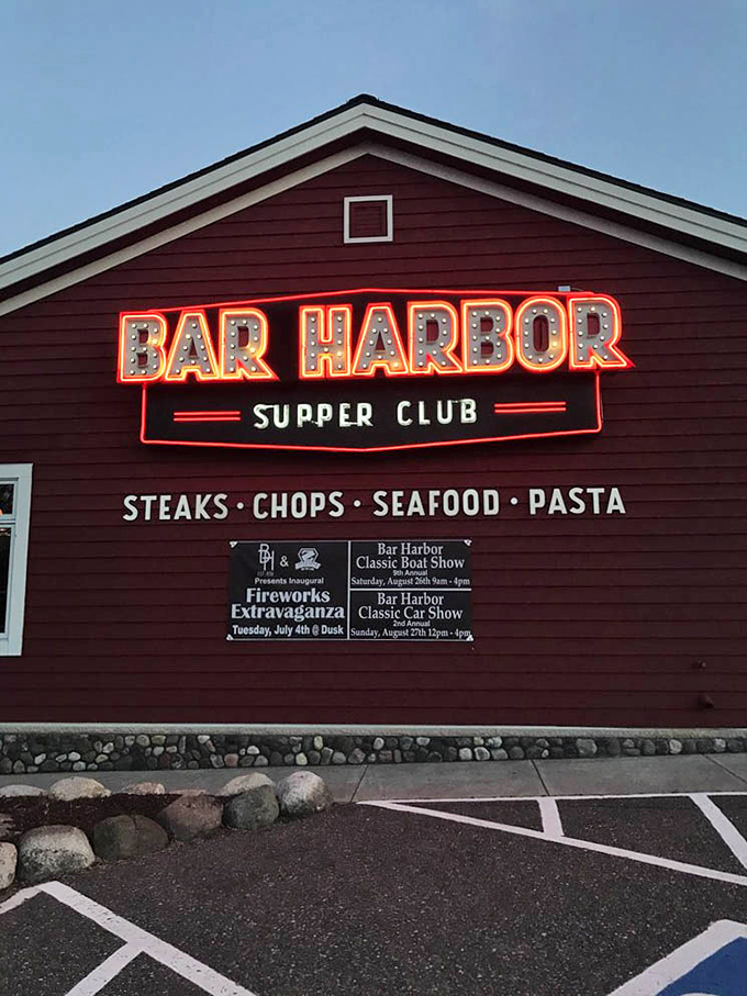 The neon sign glows like a lighthouse for hungry travelers&mdash;"Steaks, Chops, Seafood, Pasta" might be the four most beautiful words in English.