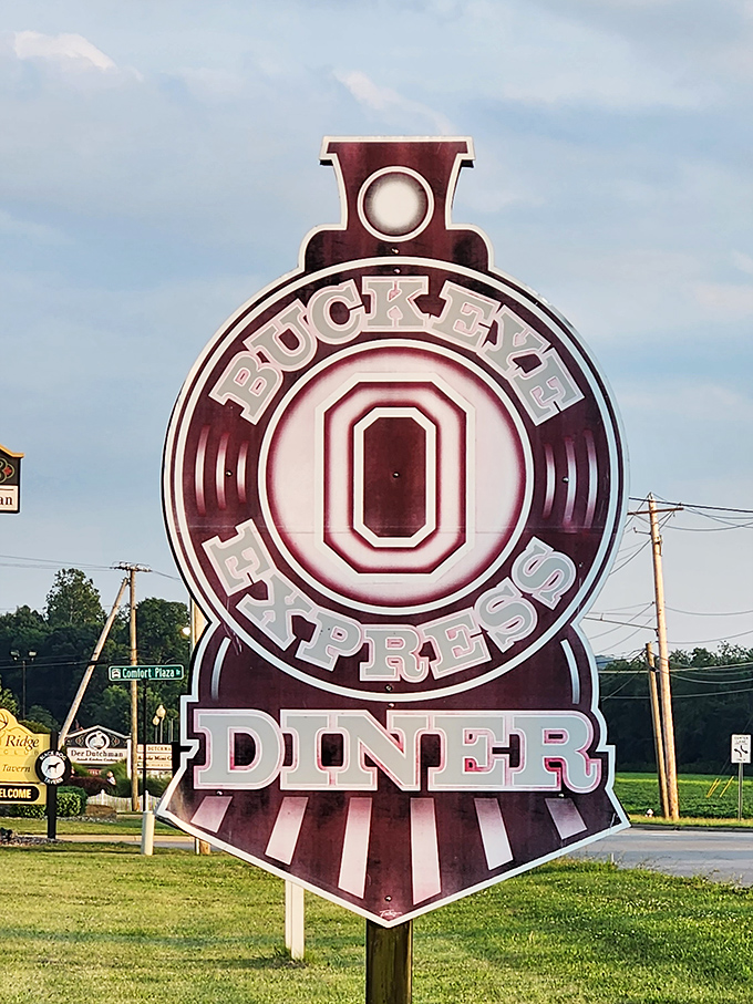 No mistaking where you are! The Buckeye Express sign stands as a beacon to hungry travelers, promising comfort food with team spirit.