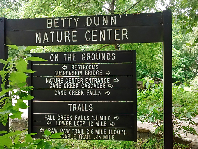 The Betty Dunn Nature Center sign doesn't just provide directions &ndash; it offers a choose-your-own-adventure menu for wilderness explorers of all ambition levels.