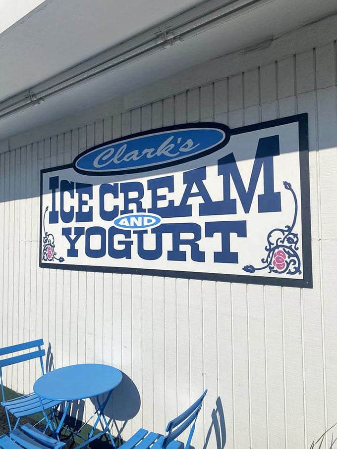 The sign says it all—Clark's isn't just selling ice cream and yogurt, they're advertising a Michigan summer tradition in bold blue letters.