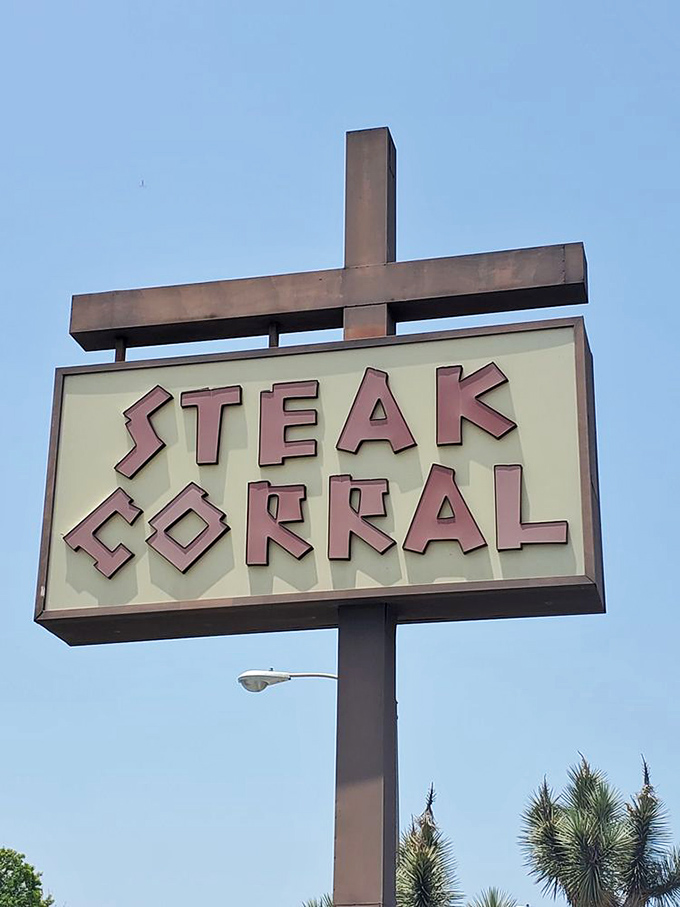 The angular, retro lettering of the Steak Corral sign has been guiding hungry travelers for decades. It's not just a sign&mdash;it's a landmark.